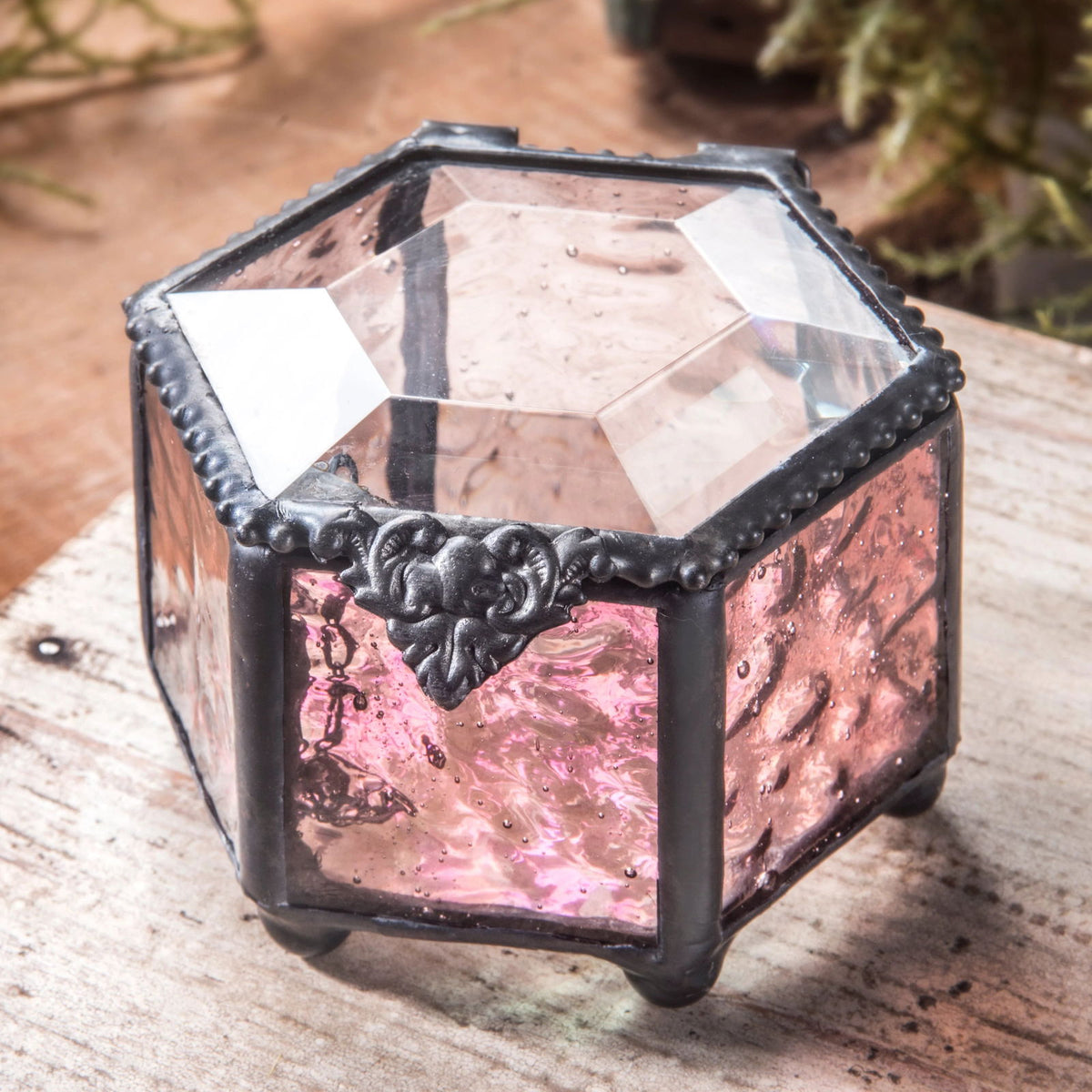 Keepsake Box, Pink Rose Hexagon – Stained Glass Express